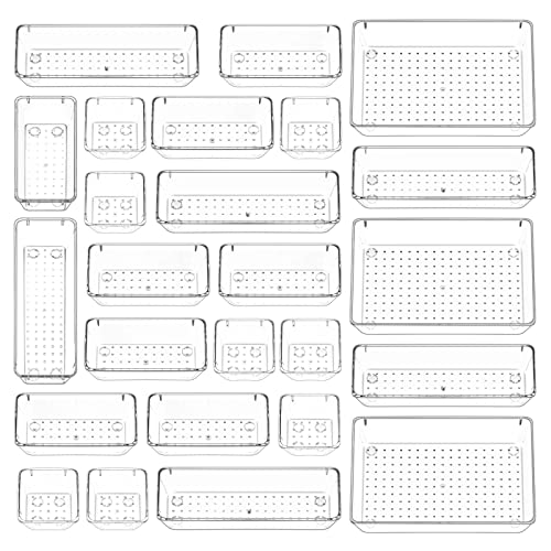 Puricon 25 Pcs Clear Desk Drawer Organizers Set, 4-Size Plastic Bedroom Vanity Dresser Tray Acrylic Bathroom Storage Bins for Makeups Jewelries Kitchen Utensils Gadgets Office Accessories -Clear