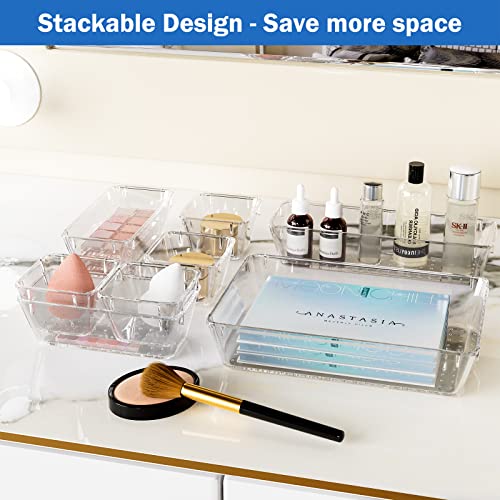 Puricon 25 Pcs Clear Desk Drawer Organizers Set, 4-Size Plastic Bedroom Vanity Dresser Tray Acrylic Bathroom Storage Bins for Makeups Jewelries Kitchen Utensils Gadgets Office Accessories -Clear