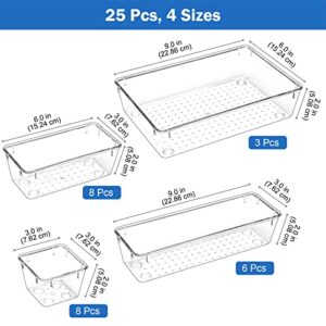 Puricon 25 Pcs Clear Desk Drawer Organizers Set, 4-Size Plastic Bedroom Vanity Dresser Tray Acrylic Bathroom Storage Bins for Makeups Jewelries Kitchen Utensils Gadgets Office Accessories -Clear