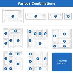 Puricon 25 Pcs Clear Desk Drawer Organizers Set, 4-Size Plastic Bedroom Vanity Dresser Tray Acrylic Bathroom Storage Bins for Makeups Jewelries Kitchen Utensils Gadgets Office Accessories -Clear