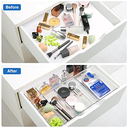 Puricon 25 Pcs Clear Desk Drawer Organizers Set, 4-Size Plastic Bedroom Vanity Dresser Tray Acrylic Bathroom Storage Bins for Makeups Jewelries Kitchen Utensils Gadgets Office Accessories -Clear