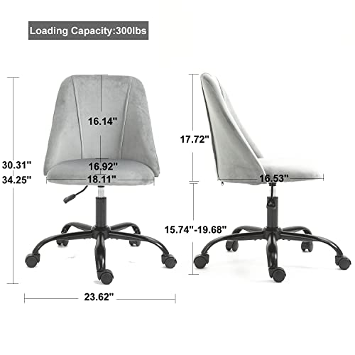 Czlolo Velvet Armless Home Office Desk Chair with Wheels, Swivel Office Guest Chair for Reception Without Arms, Height Adjustable Computer Task Chair for Small Space, Grey