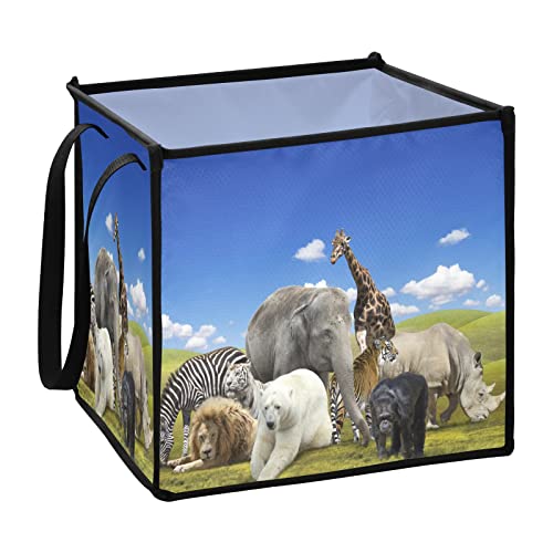 Blueangle Wild Animals Group Cube Storage Bin with Handles, 13 x 13 x 13 in, Large Collapsible Organizer Storage Basket for Home Décor（507）