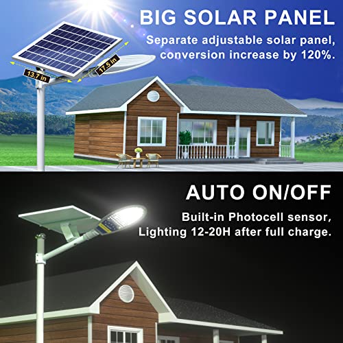 DetarZinLED Solar Street Lights Outdoor Waterproof,300W 6500K Street Lights Solar Powered,Dusk to Dawn Solar Parking Lot Lights Commercial,Motion Sensor LED Street Lights for Garage,Barn,Yard