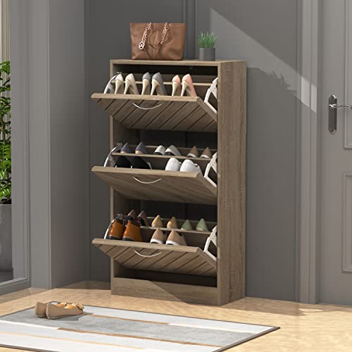 AIEGLE Shoe Storage Cabinet with 3 Flip Drawers for Entryway, Freestanding Shoe Rack Shoe Organiazer with Adjustable Shelf, Wood Color (22.4" W x 9.4" D x 42.3" H)