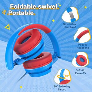 LORELEI E7 Kids Headphones with Microphone,On-Ear Wired Headset for Children/Boys/Girls,85/94dB Safe Volume,Foldable&Rotatable3.5mm Audio Jack Tangle-Free for School/iPad/Laptop/Travel (Blue&Red)