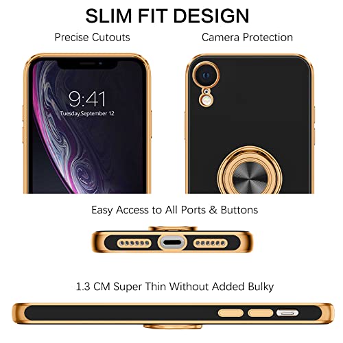 BENTOBEN iPhone XR Case, Phone Case iPhone XR, Slim Fit Sparkly Kickstand Ring Holder Design Shockproof Protection Soft TPU Bumper Drop Protective Girls Women Boys iPhone XR 6.1" Cover, Black/Golden