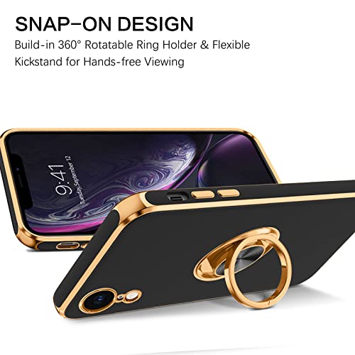 BENTOBEN iPhone XR Case, Phone Case iPhone XR, Slim Fit Sparkly Kickstand Ring Holder Design Shockproof Protection Soft TPU Bumper Drop Protective Girls Women Boys iPhone XR 6.1" Cover, Black/Golden