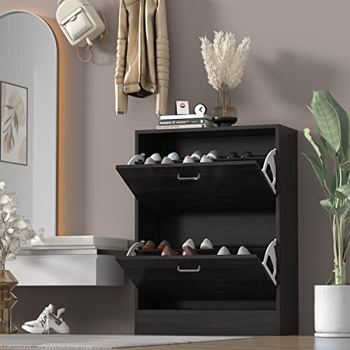 AIEGLE Shoe Cabinet with 2 Flip Drawers for Entryway, Freestanding Shoe Rack Shoe Organiazer with Adjustable Shelf, Shoe Storage Cabinet, Black Walnut (23.6" W x 9.4" D x 31.4" H)