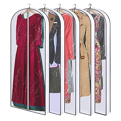 ToniGram 60" Clear Garment Bags for Hanging Clothes - 5 Pcs Moth Proof Dress Bags for Gowns Long Dresses - Hanging Garment Bag Suit Bags for Closet Storage - Hanging Clothes Storage Bag - 4" Gussetes