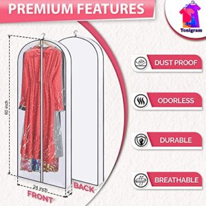 ToniGram 60" Clear Garment Bags for Hanging Clothes - 5 Pcs Moth Proof Dress Bags for Gowns Long Dresses - Hanging Garment Bag Suit Bags for Closet Storage - Hanging Clothes Storage Bag - 4" Gussetes