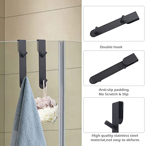 PXRJE Extended Shower Door Hooks 2 Pack (7.09 Inch), Over The Door Towel Hooks for Frameless Glass Shower Door, Stainless Steel Shower Hooks for Loofah, Robe(Black)