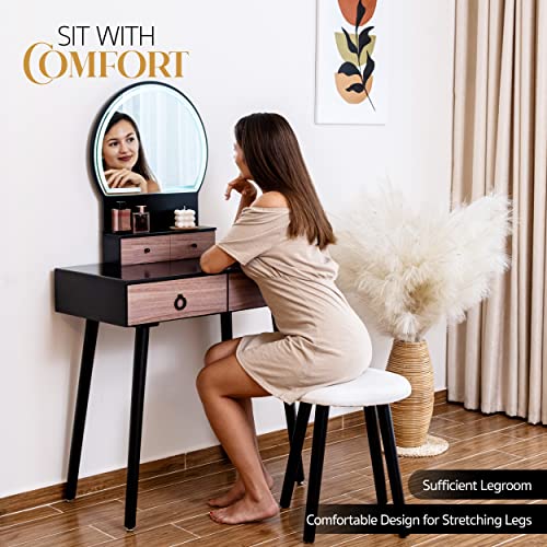 Rose Vanity Makeup Vanity Dressing Table with Lighted Mirror, 3 Lighting Intensity Levels, 5-Piece Vanity Organizers, Soft Cushioned Stool - Black & Brown VD White