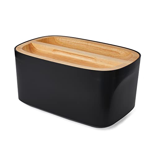 Sonder Los Angeles, Modern Bamboo Fiber (Black) Bread Box for Kitchen Countertop with Reversible Wood Serving Lid, Homemade Bread Storage 14.25 x 9.25 x 7in, Storage Bin and Bread Container