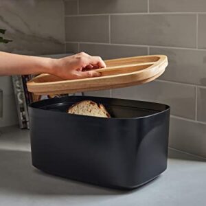 Sonder Los Angeles, Modern Bamboo Fiber (Black) Bread Box for Kitchen Countertop with Reversible Wood Serving Lid, Homemade Bread Storage 14.25 x 9.25 x 7in, Storage Bin and Bread Container