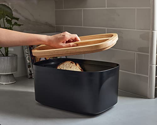 Sonder Los Angeles, Modern Bamboo Fiber (Black) Bread Box for Kitchen Countertop with Reversible Wood Serving Lid, Homemade Bread Storage 14.25 x 9.25 x 7in, Storage Bin and Bread Container