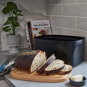 Sonder Los Angeles, Modern Bamboo Fiber (Black) Bread Box for Kitchen Countertop with Reversible Wood Serving Lid, Homemade Bread Storage 14.25 x 9.25 x 7in, Storage Bin and Bread Container