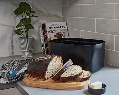 Sonder Los Angeles, Modern Bamboo Fiber (Black) Bread Box for Kitchen Countertop with Reversible Wood Serving Lid, Homemade Bread Storage 14.25 x 9.25 x 7in, Storage Bin and Bread Container