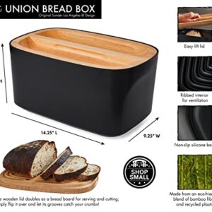 Sonder Los Angeles, Modern Bamboo Fiber (Black) Bread Box for Kitchen Countertop with Reversible Wood Serving Lid, Homemade Bread Storage 14.25 x 9.25 x 7in, Storage Bin and Bread Container