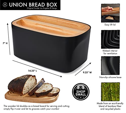 Sonder Los Angeles, Modern Bamboo Fiber (Black) Bread Box for Kitchen Countertop with Reversible Wood Serving Lid, Homemade Bread Storage 14.25 x 9.25 x 7in, Storage Bin and Bread Container