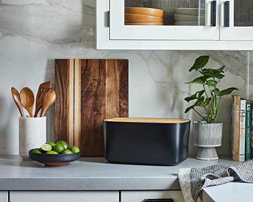 Sonder Los Angeles, Modern Bamboo Fiber (Black) Bread Box for Kitchen Countertop with Reversible Wood Serving Lid, Homemade Bread Storage 14.25 x 9.25 x 7in, Storage Bin and Bread Container