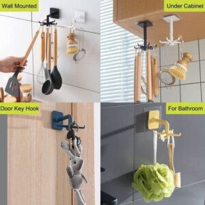 4 Pieces 360° Rotating Folding Hooks Multi-Purpose Hanging Utensil Holder Hook 180 Degrees Vertical Flip Self-Adhesive Hook Utensil Rack with 6 Hooks for Kitchen Bathroom Cabinet Towel Black, White