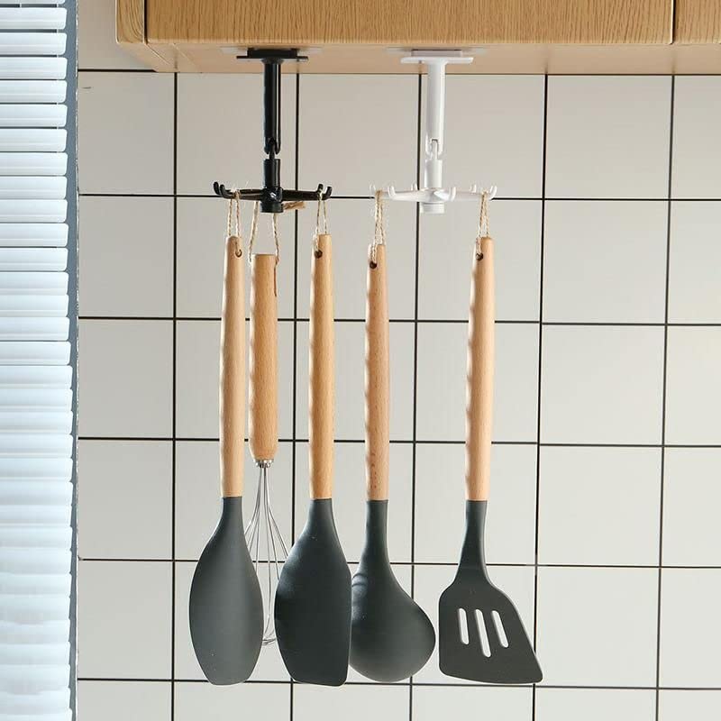 4 Pieces 360° Rotating Folding Hooks Multi-Purpose Hanging Utensil Holder Hook 180 Degrees Vertical Flip Self-Adhesive Hook Utensil Rack with 6 Hooks for Kitchen Bathroom Cabinet Towel Black, White