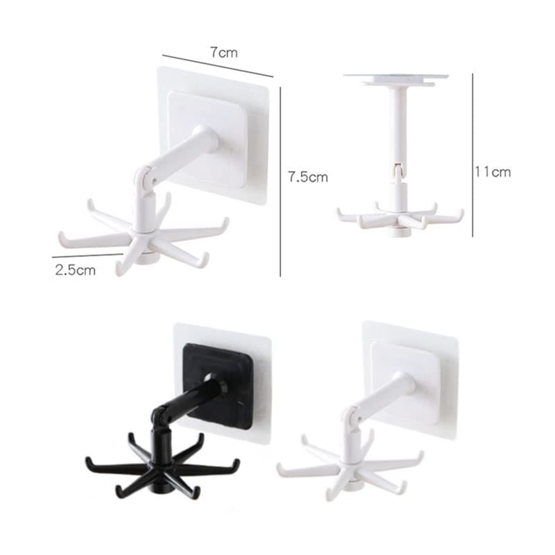 4 Pieces 360° Rotating Folding Hooks Multi-Purpose Hanging Utensil Holder Hook 180 Degrees Vertical Flip Self-Adhesive Hook Utensil Rack with 6 Hooks for Kitchen Bathroom Cabinet Towel Black, White