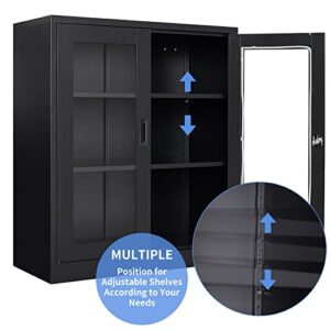 Yizosh Metal Storage Cabinet with Glass Doors - 35.4" Locking Display Cabinet with 2 Adjustable Shelves, 3-Tier Steel Cabinet Locker for Home Office, Living Room, Bedroom (Black)