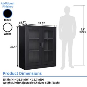 Yizosh Metal Storage Cabinet with Glass Doors - 35.4" Locking Display Cabinet with 2 Adjustable Shelves, 3-Tier Steel Cabinet Locker for Home Office, Living Room, Bedroom (Black)