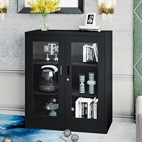 Yizosh Metal Storage Cabinet with Glass Doors - 35.4" Locking Display Cabinet with 2 Adjustable Shelves, 3-Tier Steel Cabinet Locker for Home Office, Living Room, Bedroom (Black)