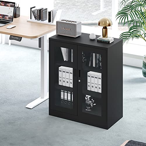 Yizosh Metal Storage Cabinet with Glass Doors - 35.4" Locking Display Cabinet with 2 Adjustable Shelves, 3-Tier Steel Cabinet Locker for Home Office, Living Room, Bedroom (Black)