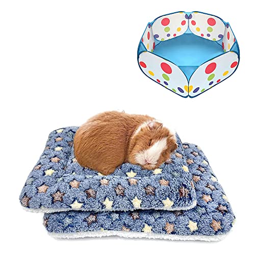 2 Packs of Square Plush Guinea Pig Bed and 1 Small Animals Playpen (Size L), Cozy Hamsters Sugar Glider Hedgehog Sleep Bed, Rabbit Cage Accessories Mat