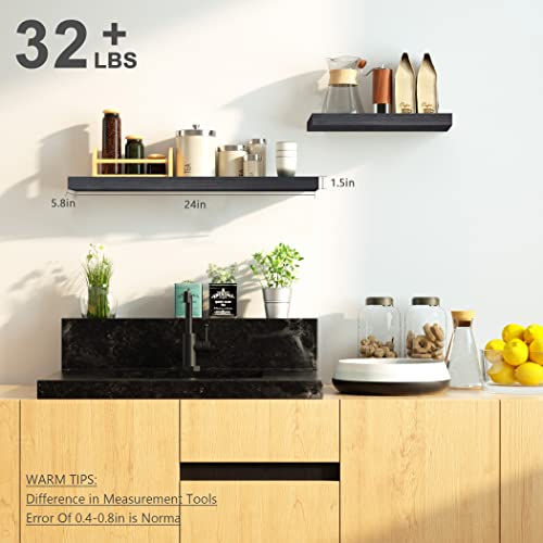 Vervida Floating Shelves Set of 2 x 24" for Kitchen, Living Room, Bedroom, Bathroom, Office, Storage Shelves for Home Decor, with Invisible Brackets Black Wall Shelves Floating Shelf