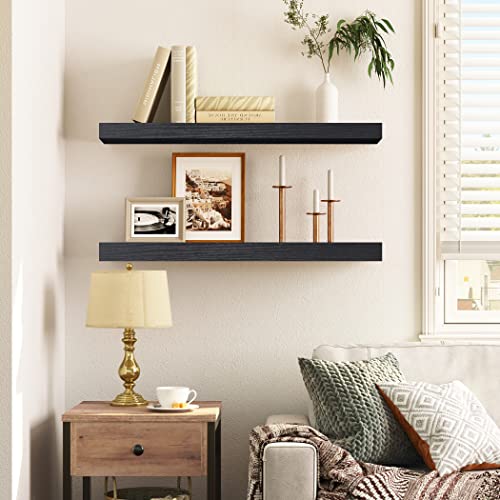 Vervida Floating Shelves Set of 2 x 24" for Kitchen, Living Room, Bedroom, Bathroom, Office, Storage Shelves for Home Decor, with Invisible Brackets Black Wall Shelves Floating Shelf