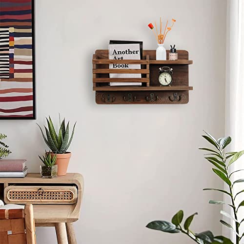 Laerjin Key Holder for Wall Wall-Mounted Key and Mail Holder with 4 Double Key Hooks and A Floating Shelf Rustic Home Decor for Entryway or Mudroom - Burlywood