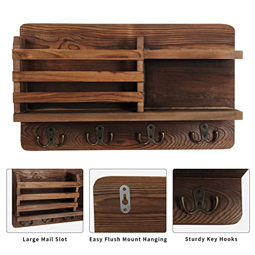 Laerjin Key Holder for Wall Wall-Mounted Key and Mail Holder with 4 Double Key Hooks and A Floating Shelf Rustic Home Decor for Entryway or Mudroom - Burlywood