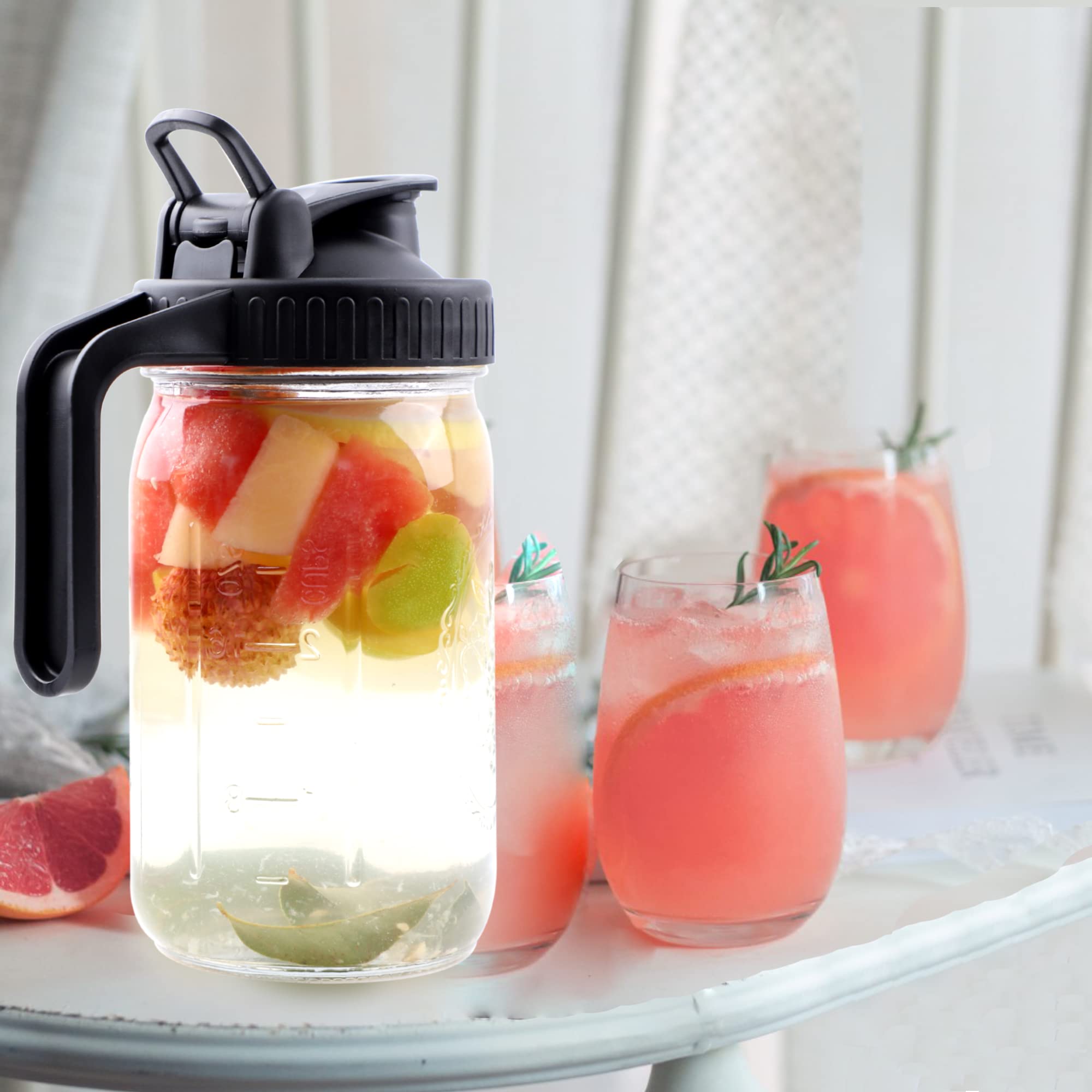 Wide Mouth Mason Jar Pitcher 32 OZ With Pour Spout And Handle Airtight Leak-proof Glass Pitcher With Flip Lids For Iced Tea, Milk, Sun Tea, Lemonade