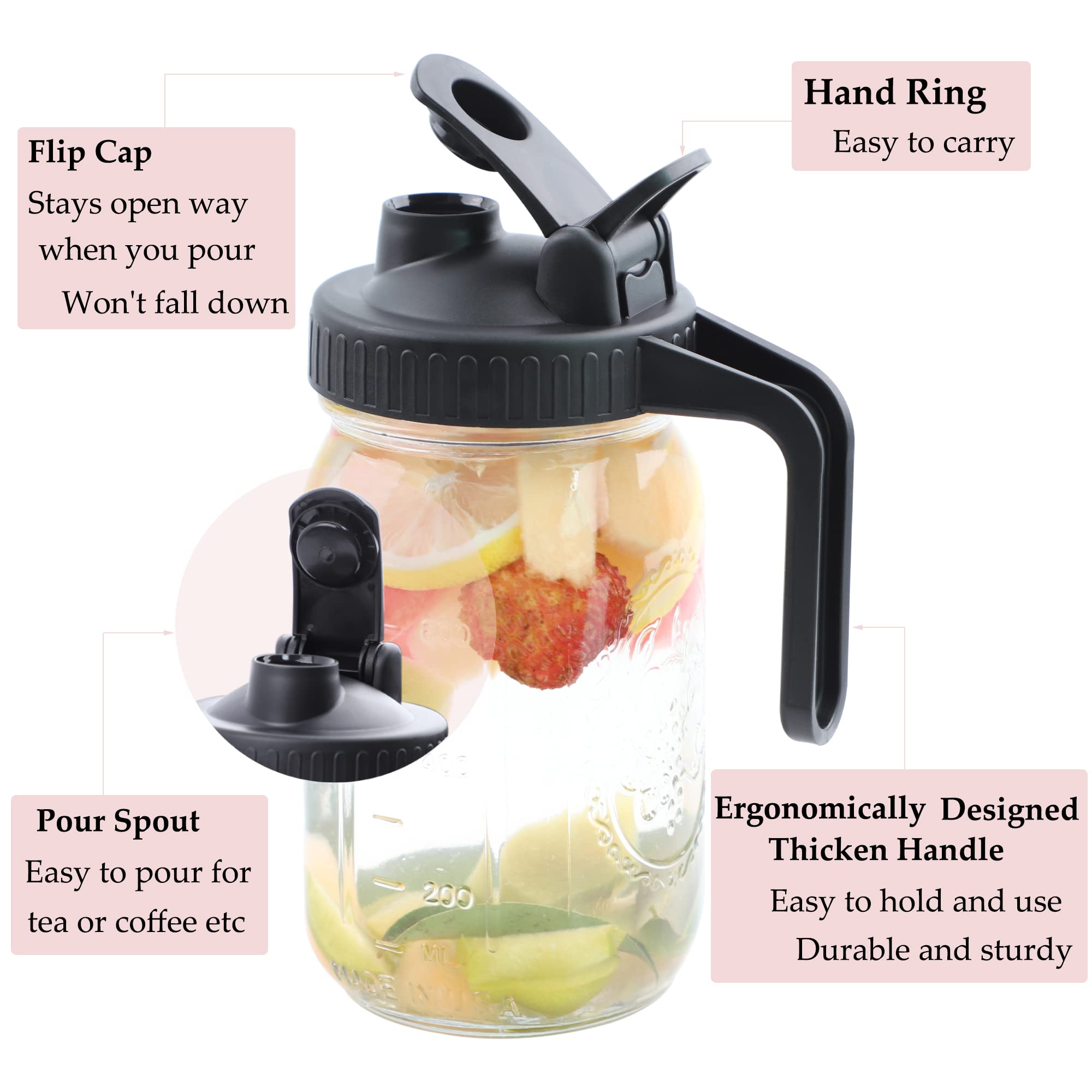 Wide Mouth Mason Jar Pitcher 32 OZ With Pour Spout And Handle Airtight Leak-proof Glass Pitcher With Flip Lids For Iced Tea, Milk, Sun Tea, Lemonade