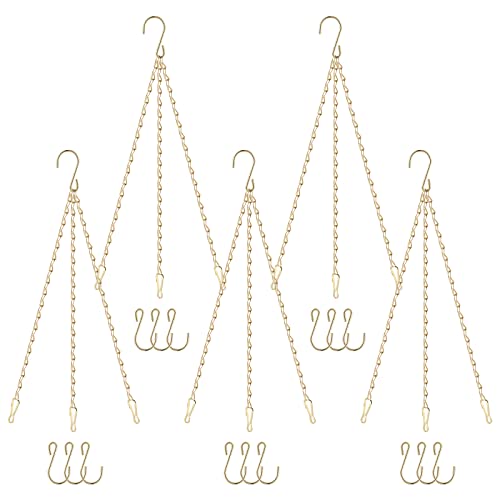 RIFNY 5 Sets Gold Hanging Basket Chain, 20 Inch Heavy Duty Brass Decorative Chains for Hanging Plants, Indoor Outdoor Replacement Hanging Chain with Hooks for Planters Flower Pots Lantern Bird Feeder