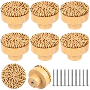 jayzuum 8pc boho rattan dresser knobs, handmade wicker woven, wood knobs for home decor boho furniture drawer (caramel)