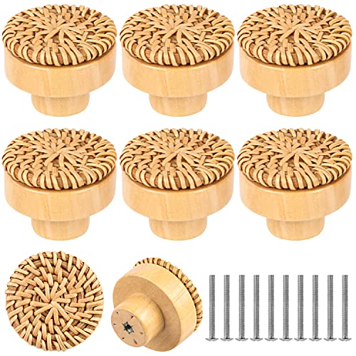 JAYZUUM 8pc Boho Rattan Dresser Knobs, Handmade Wicker Woven, Wood Knobs for Home Decor Boho Furniture Drawer (Caramel)