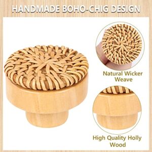 JAYZUUM 8pc Boho Rattan Dresser Knobs, Handmade Wicker Woven, Wood Knobs for Home Decor Boho Furniture Drawer (Caramel)