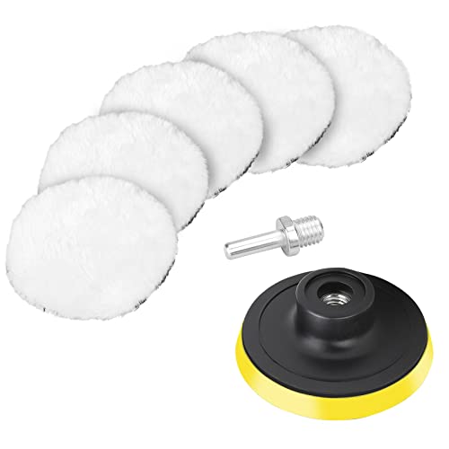 7 PCS 4 Inch Synthetic Wool Polishing Buffing Pad, Polishing Buffing Wheel with Hook & Loop Back for Drill Buffer Attachment with M10 Drill Adapter Car Buffer Polisher Kit for Car Polishing, Waxing