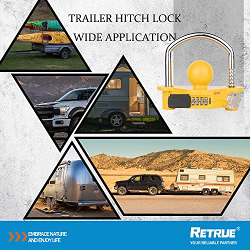 RETRUE Universal Coupler Lock Trailer Locks Ball Hitch Trailer Hitch Lock Adjustable Security Heavy-Duty Steel fits 1-7/8 Inch, 2 Inch, 2-5/16 Inch Couplers, Yellow, Combination Lock,No Key Needed