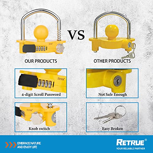 RETRUE Universal Coupler Lock Trailer Locks Ball Hitch Trailer Hitch Lock Adjustable Security Heavy-Duty Steel fits 1-7/8 Inch, 2 Inch, 2-5/16 Inch Couplers, Yellow, Combination Lock,No Key Needed