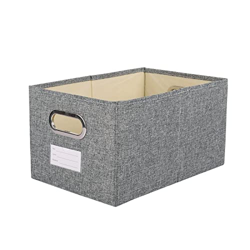 LaMorée Storage Bin Cotton Linen Fabric Basket Box Washable Foldable Decorative Rectangular Container with Handles Label Window Thick PP Plastic Board For Nursery Home Office - Solid Gray, Medium Size