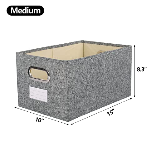 LaMorée Storage Bin Cotton Linen Fabric Basket Box Washable Foldable Decorative Rectangular Container with Handles Label Window Thick PP Plastic Board For Nursery Home Office - Solid Gray, Medium Size