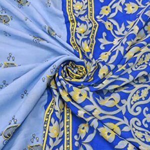 Peegli Indian Vintage Blue Silk Blend DIY Fabric Casual Dress Material Printed Textile