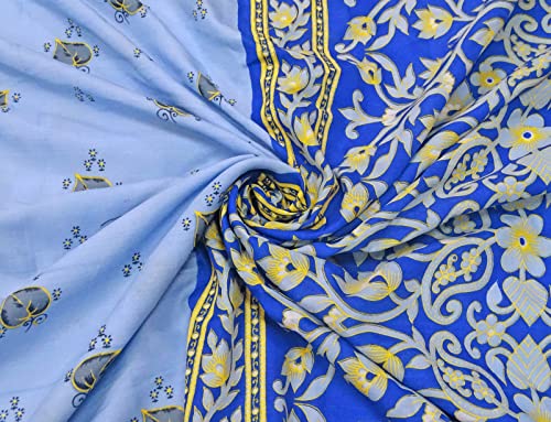 Peegli Indian Vintage Blue Silk Blend DIY Fabric Casual Dress Material Printed Textile